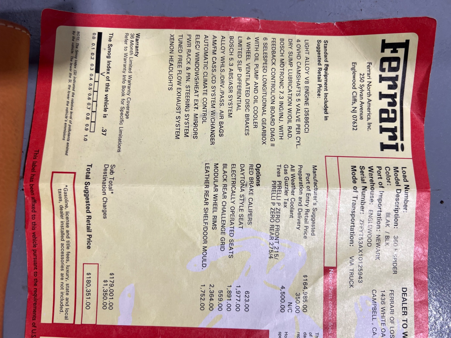 Used 2001 Nero Daytona Ferrari 360 Spider Books Original Window Sticker ...